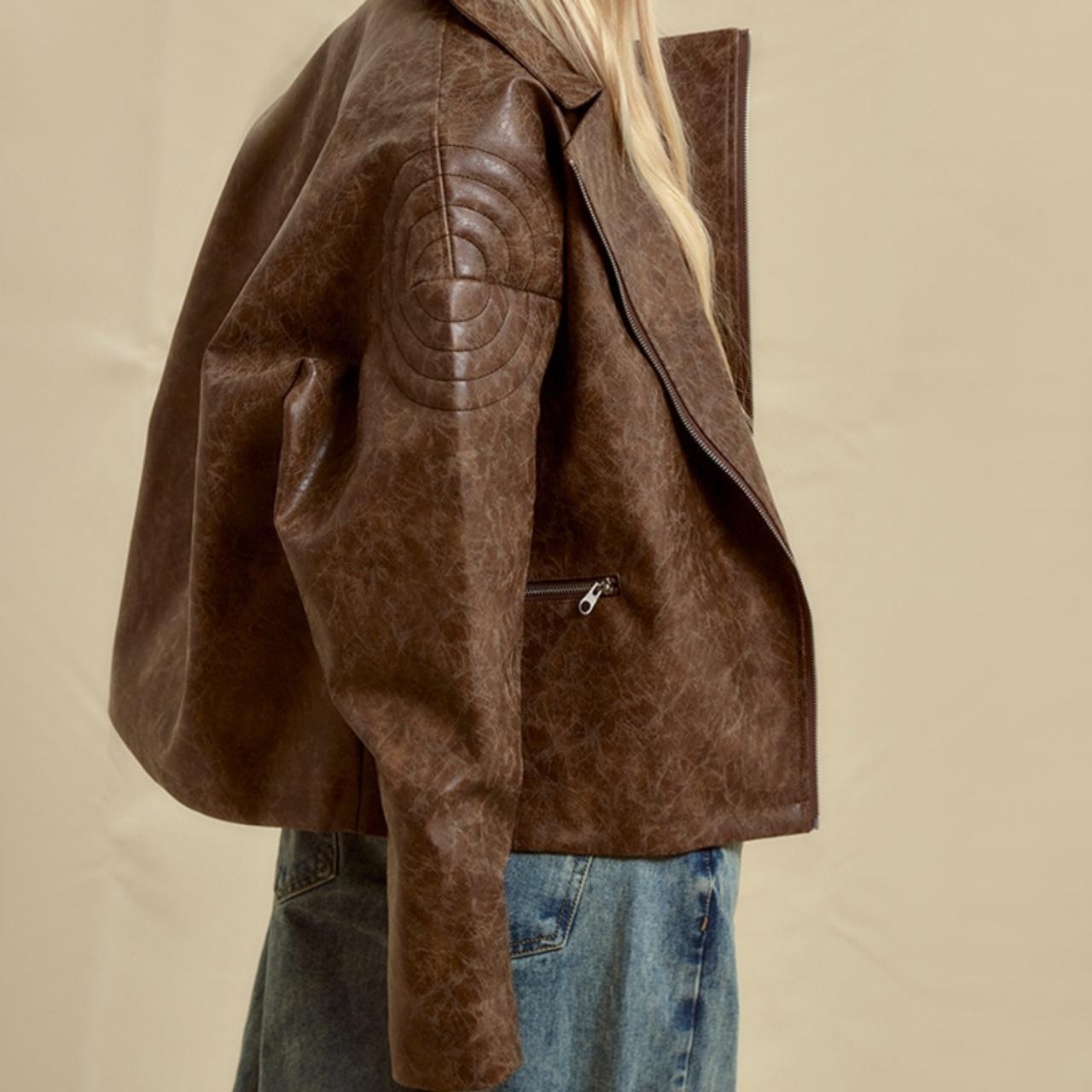 PLT Brown leather oversized distressed biker jacket... - Depop