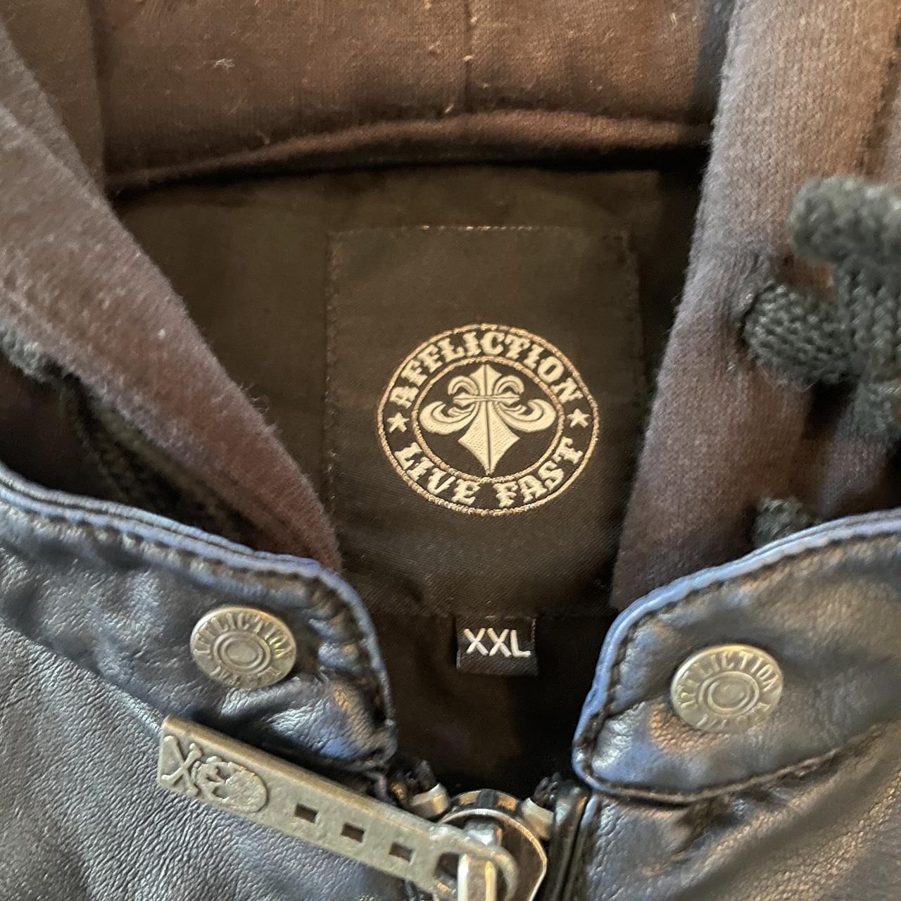 Affliction Men's Jacket Leather Hooded Biker Skull... | Depop