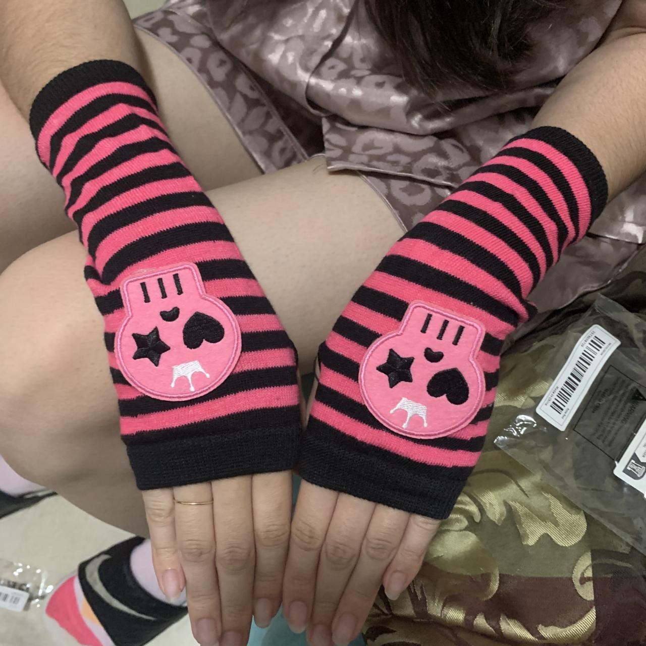 (NEW) SCENE ARM WARMERS PINK SKULL ARM WARMERS Y2K... - Depop
