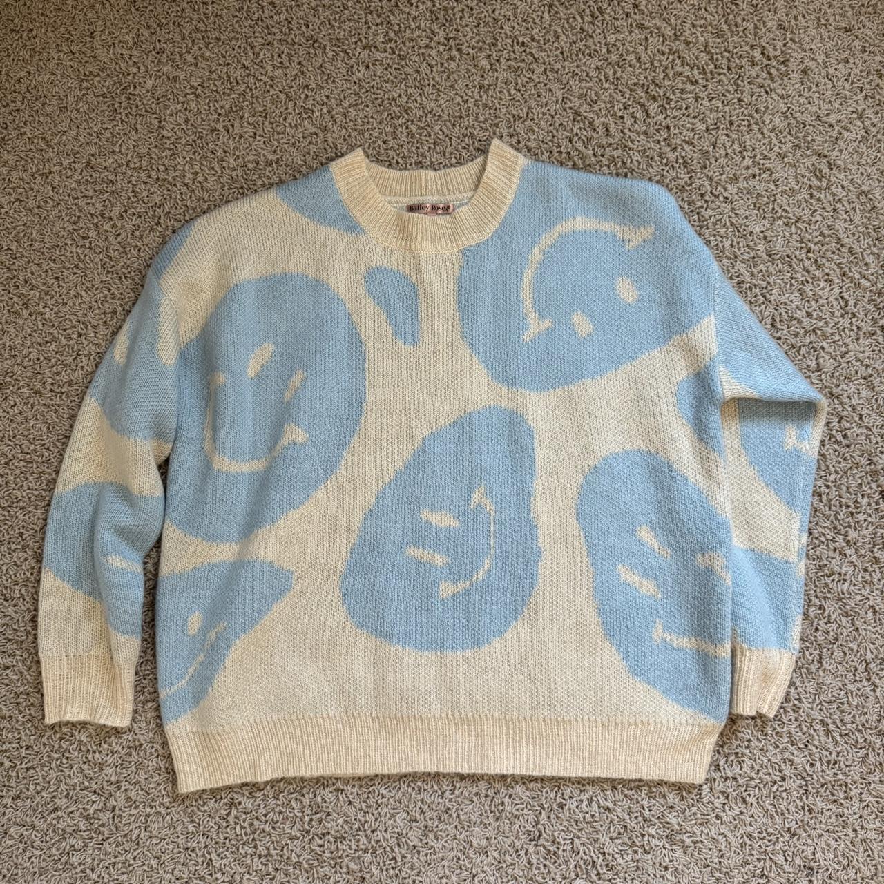 Blue and cream smiley face oversized sweater... | Depop