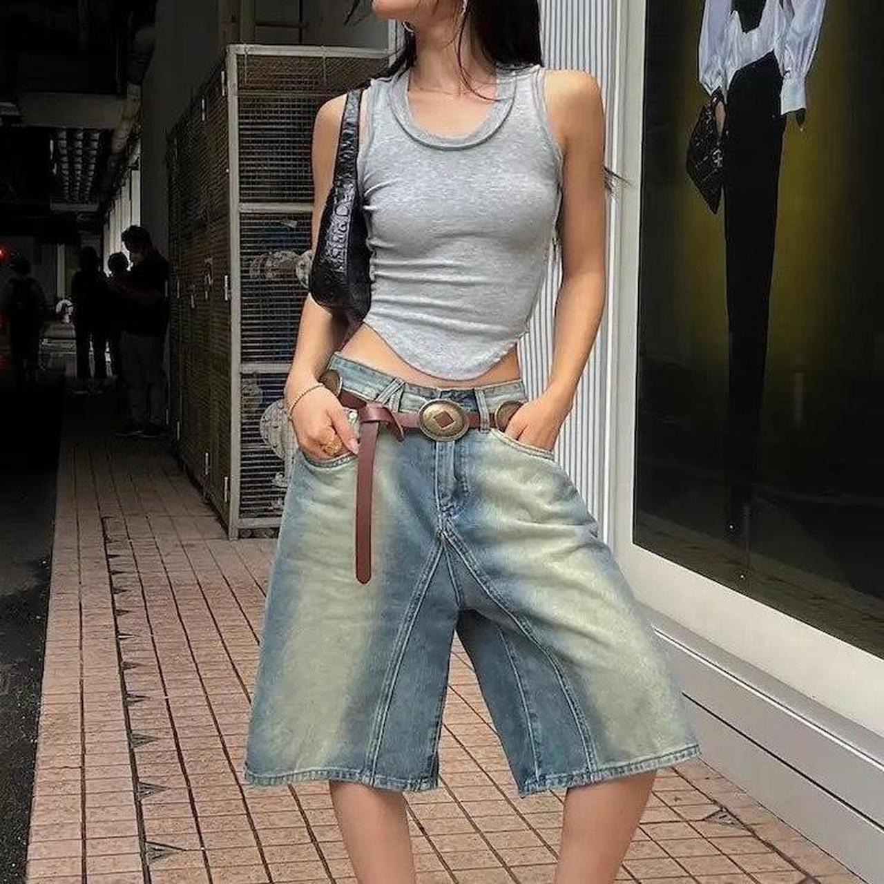 Denim Jorts -sandblast wash denim -belt loops & zip... - Depop