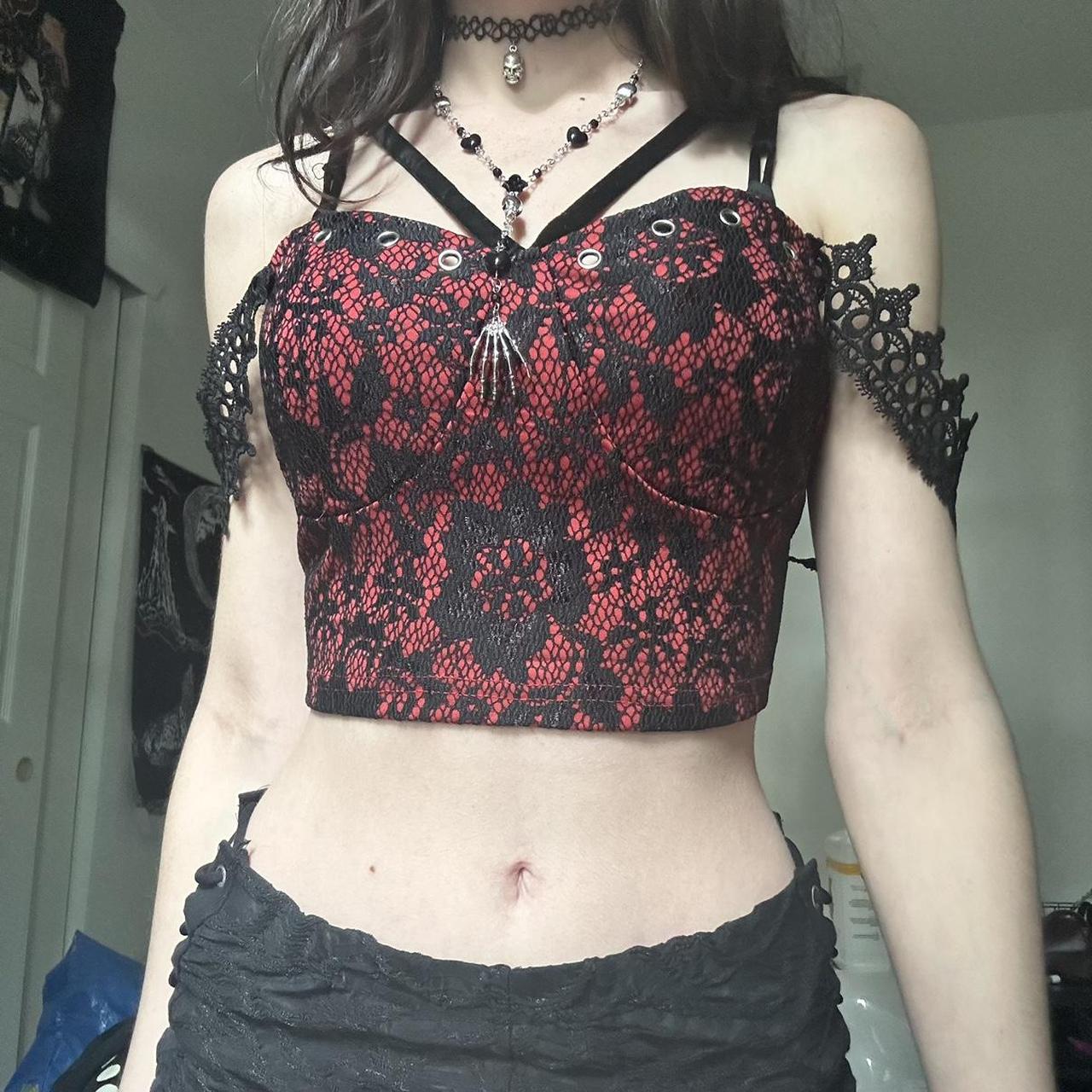 red and black strappy lace gothic crop top >_
