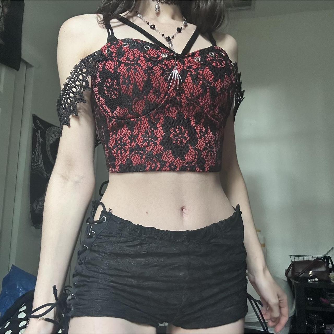 red and black strappy lace gothic crop top >_