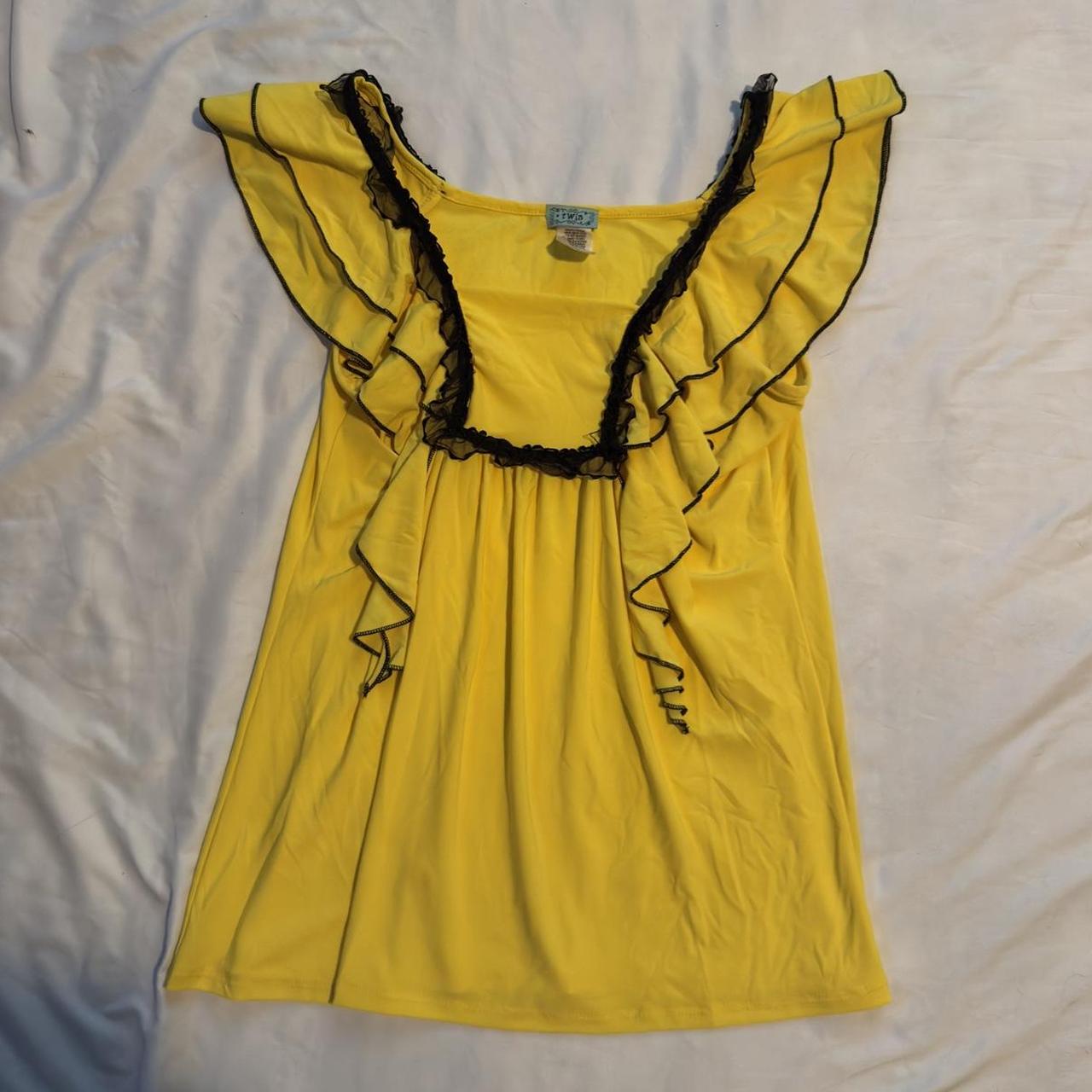 y2k yellow and black ruffle top tag size large, made... | Depop