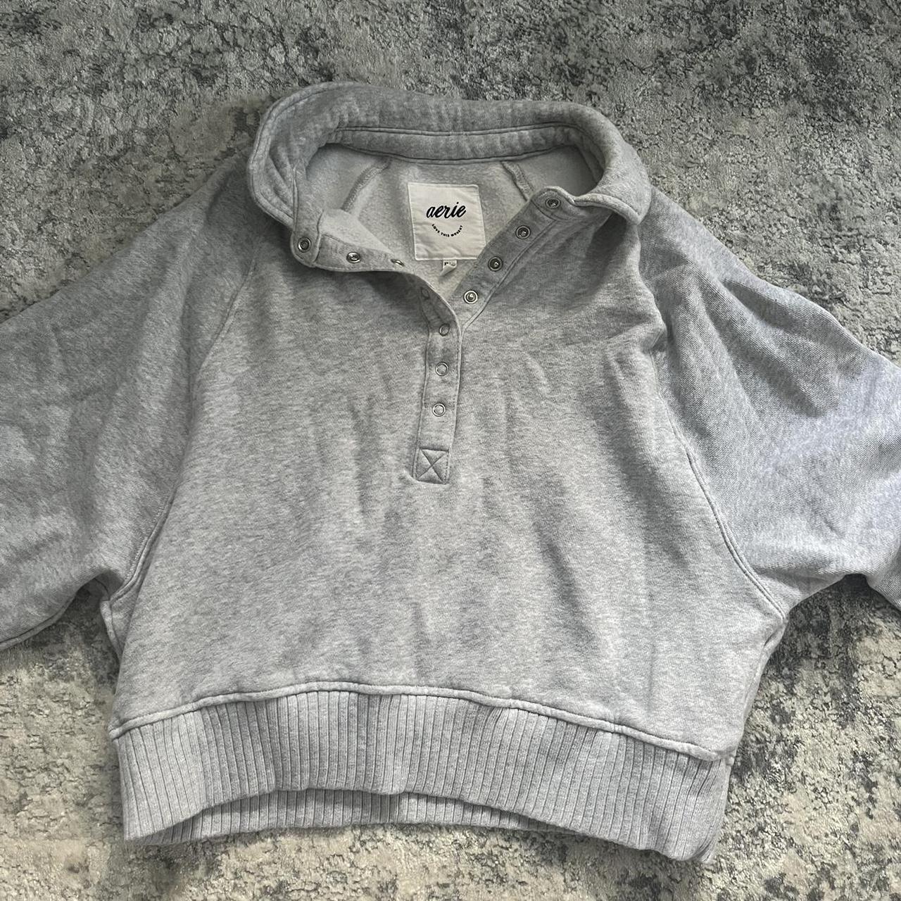 xs aerie grey button up crewneck sweatshirt! super... - Depop