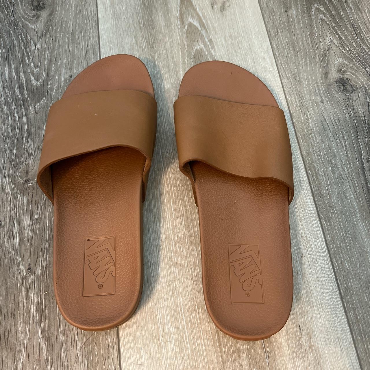 Vans 7.5 Slides - worn once - tan - comfy - fits a... - Depop