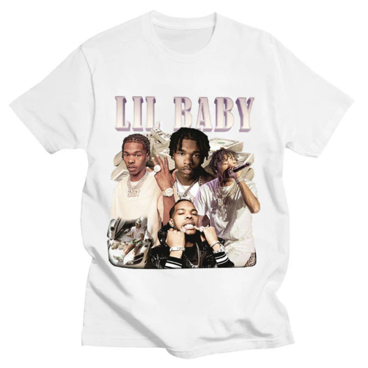 lil baby white graphic bootleg graphic t... - Depop