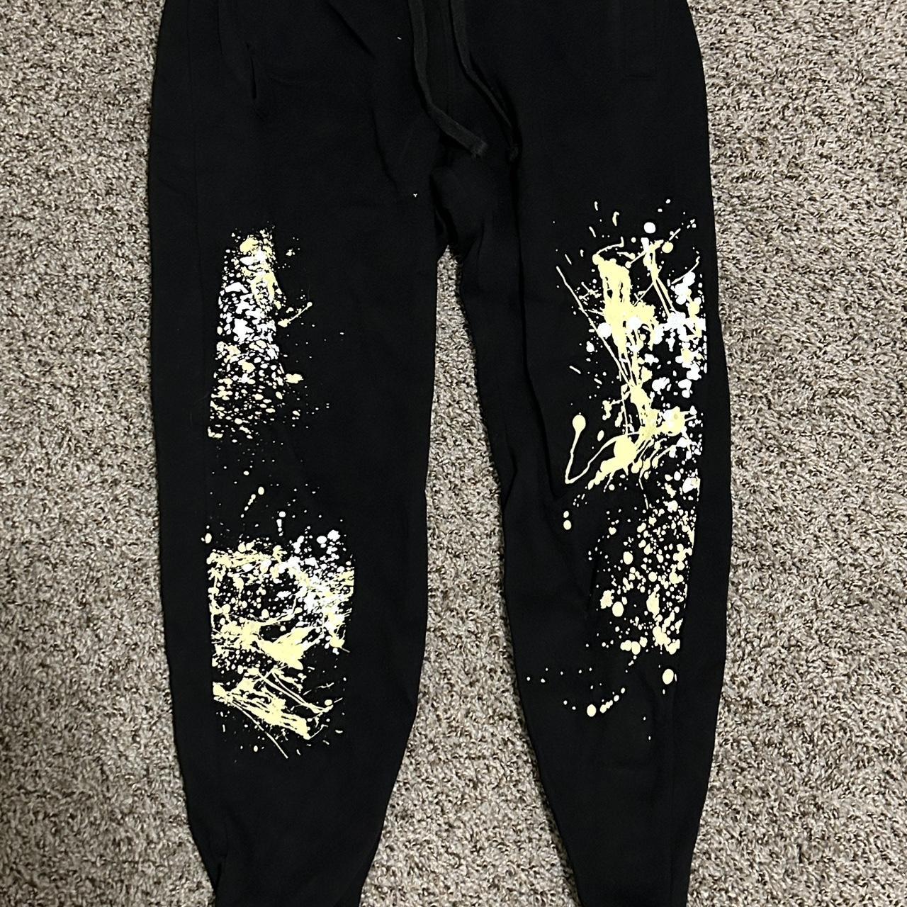 Nova Men yellow and white paint splatter joggers... - Depop