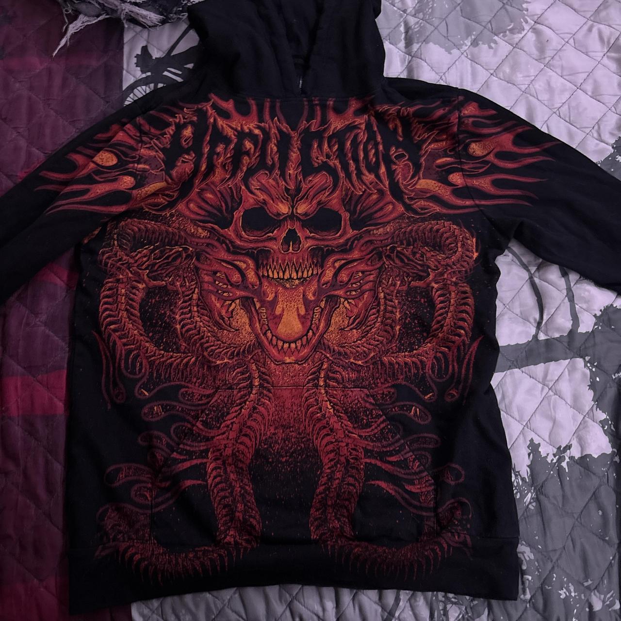 Black and red Affliction hoodie with skull and fire... - Depop