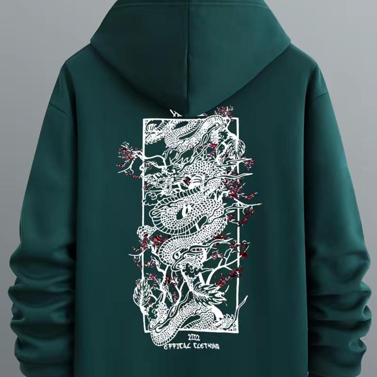 Dragon Print hoodie with Drawstring Pocket - Depop