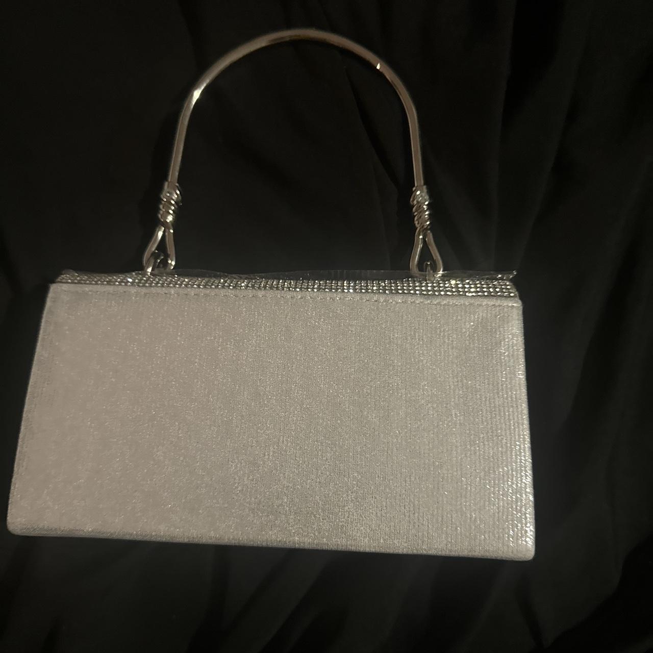 Silver rhinestone clutch bag with silver chain strap... | Depop