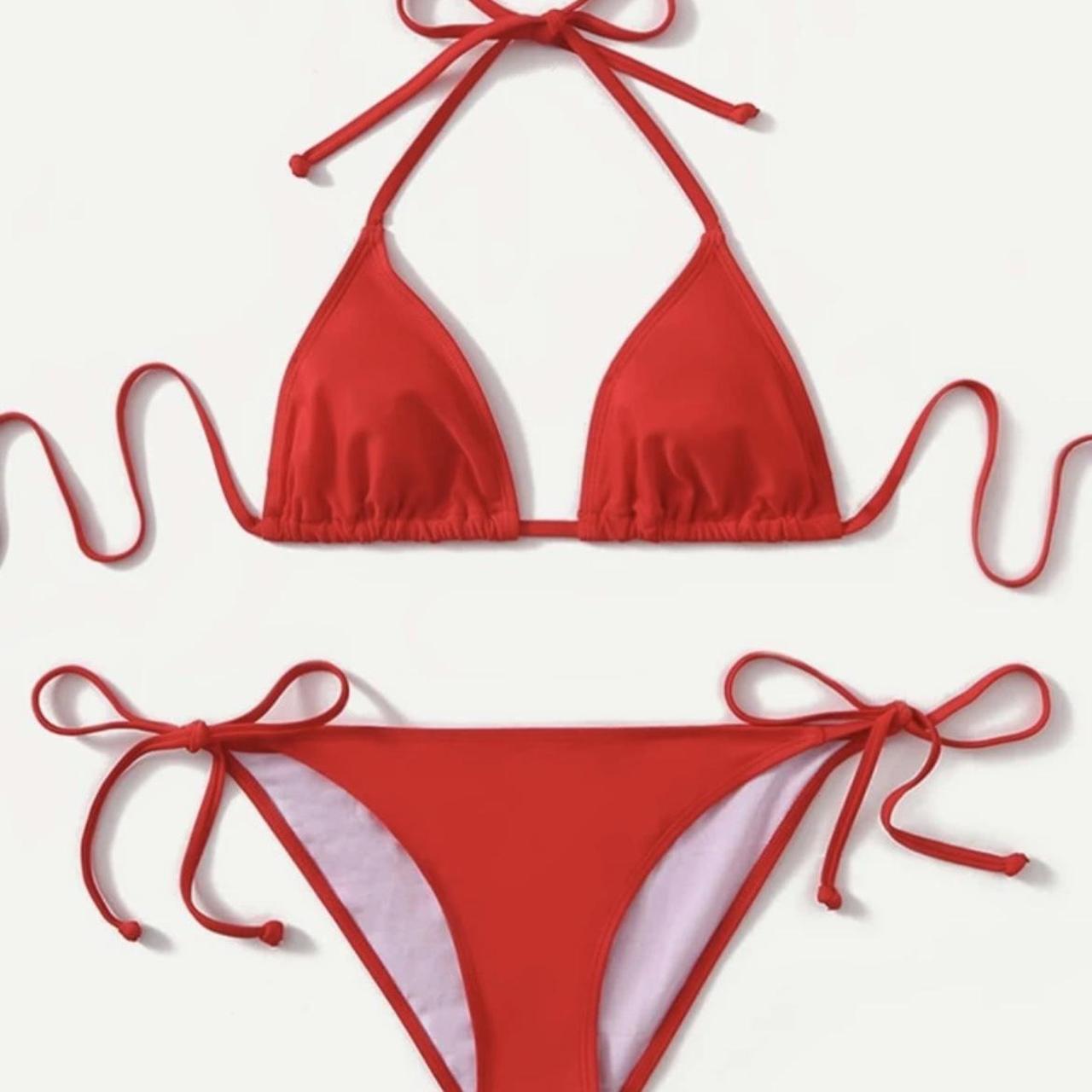 Red Bikini with Halter Triangle Top and Tie Side... - Depop