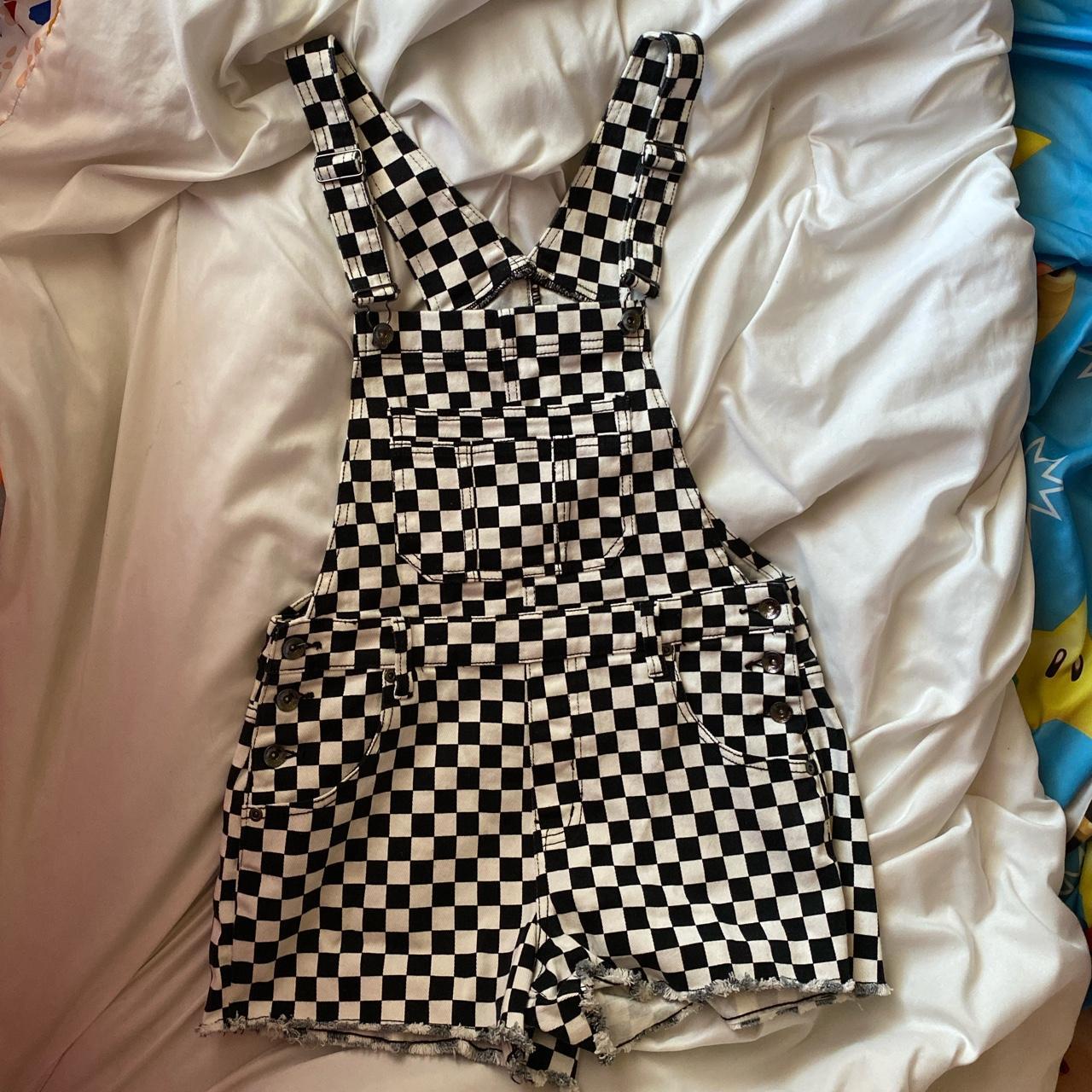 blackheart brand checkerboard cutoff shortalls only... - Depop
