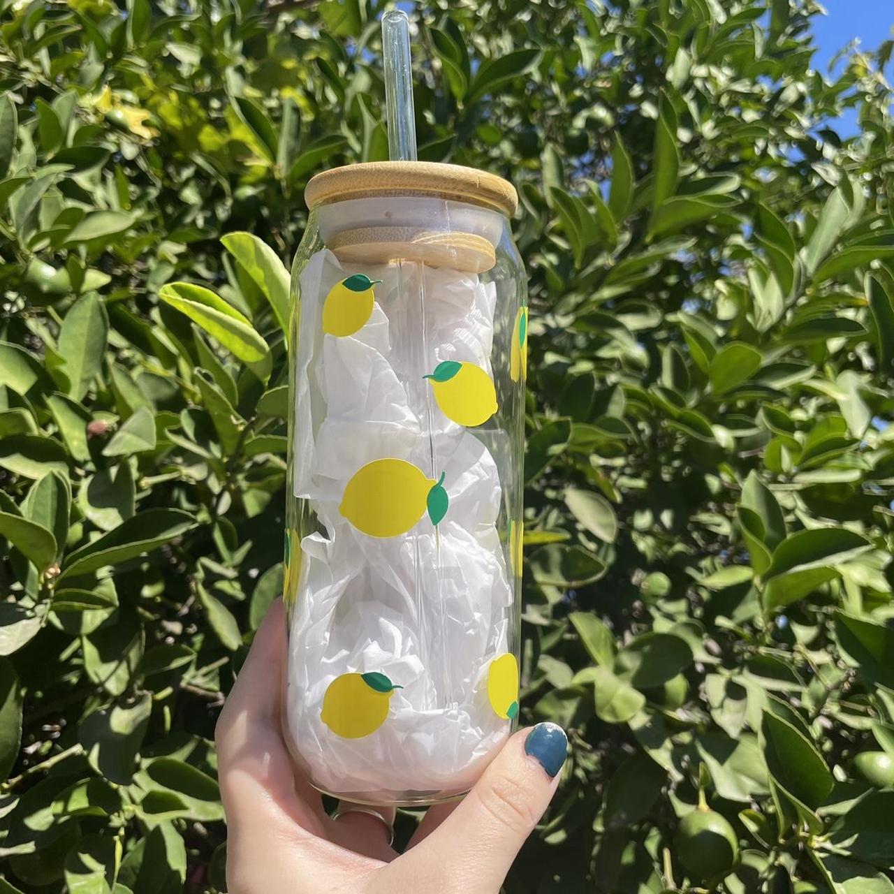 Lemon glass cup with bamboo lid and glass straw.... - Depop