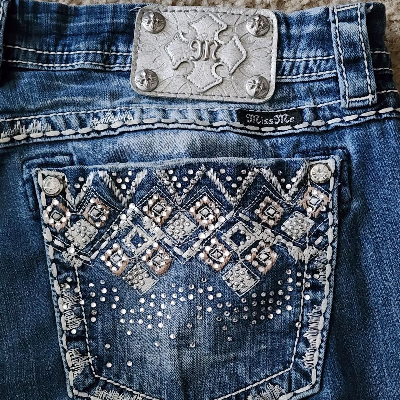 Size 34 mid rise bedazzled pocket Miss Me jeans - Depop