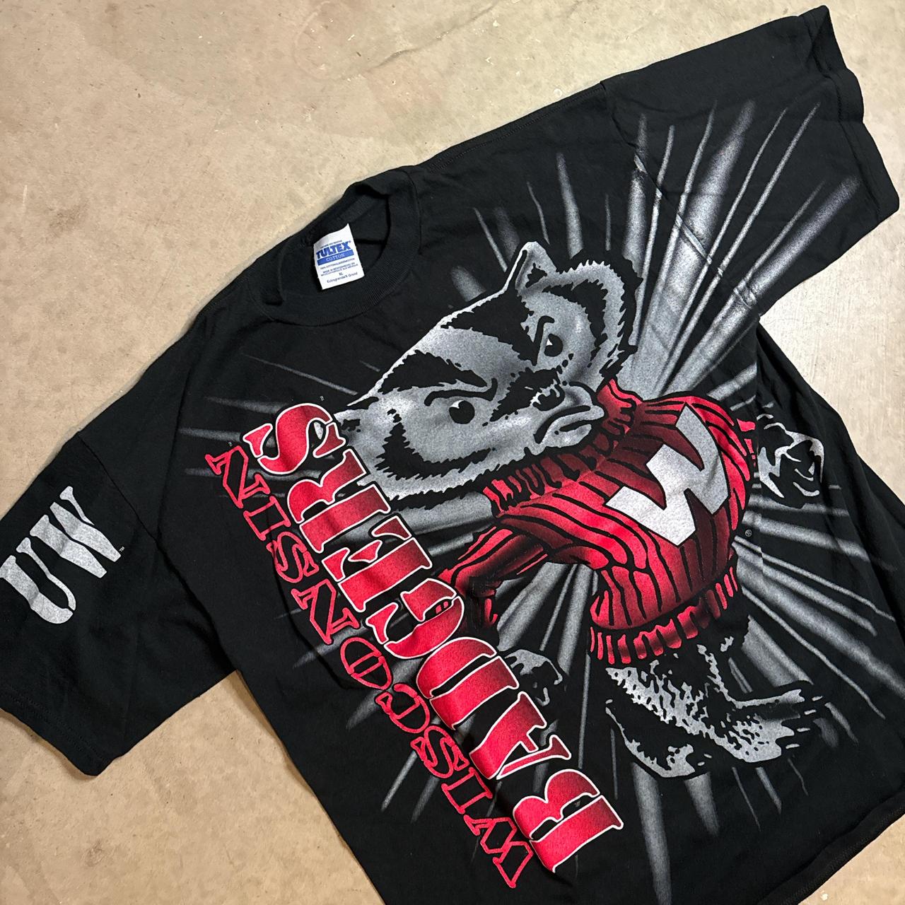 90s Wisconsin Badgers AOP Vintage Tee - Depop