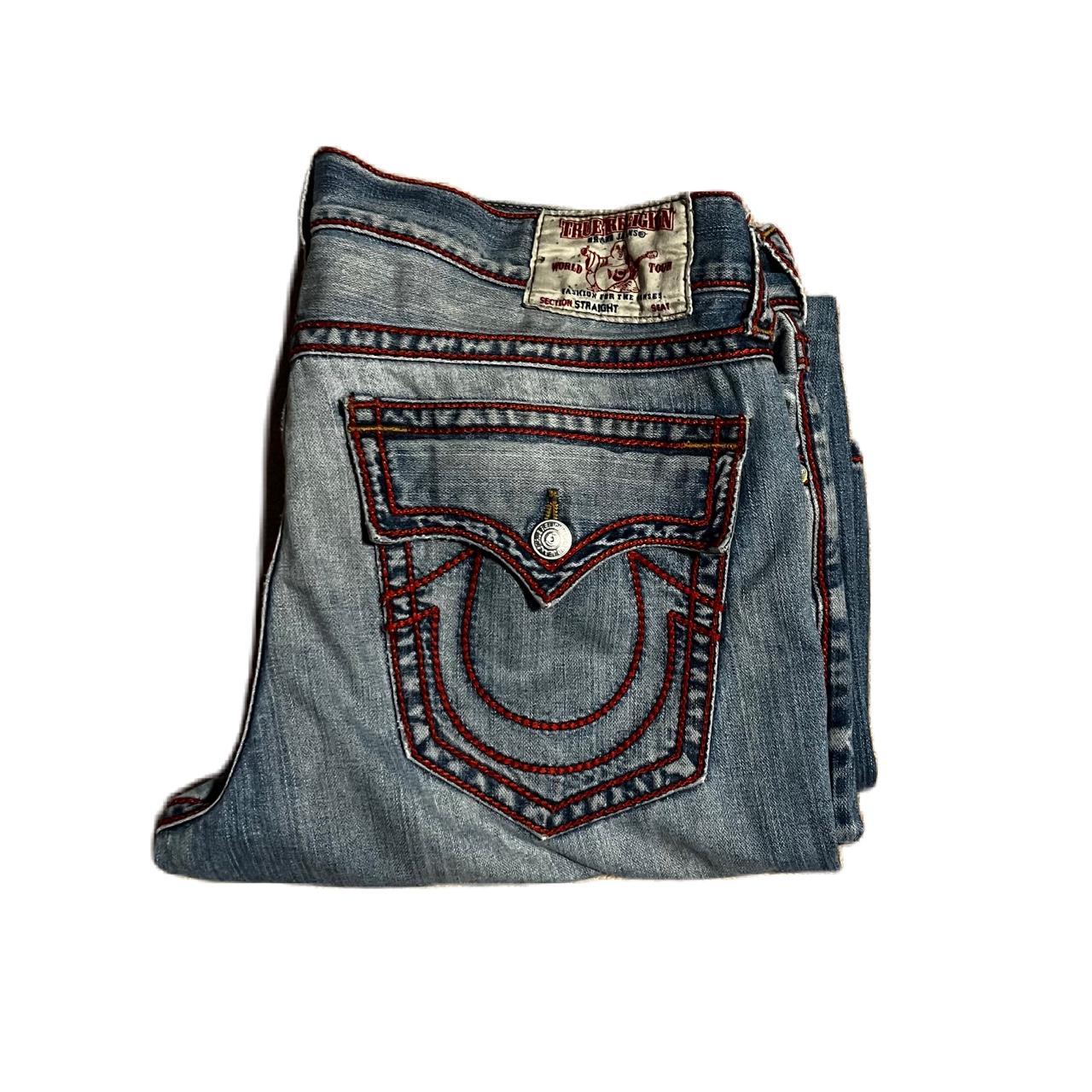RED CHAIN STITCH TRUE RELIGION JEANS CRAZY BAGGY... - Depop