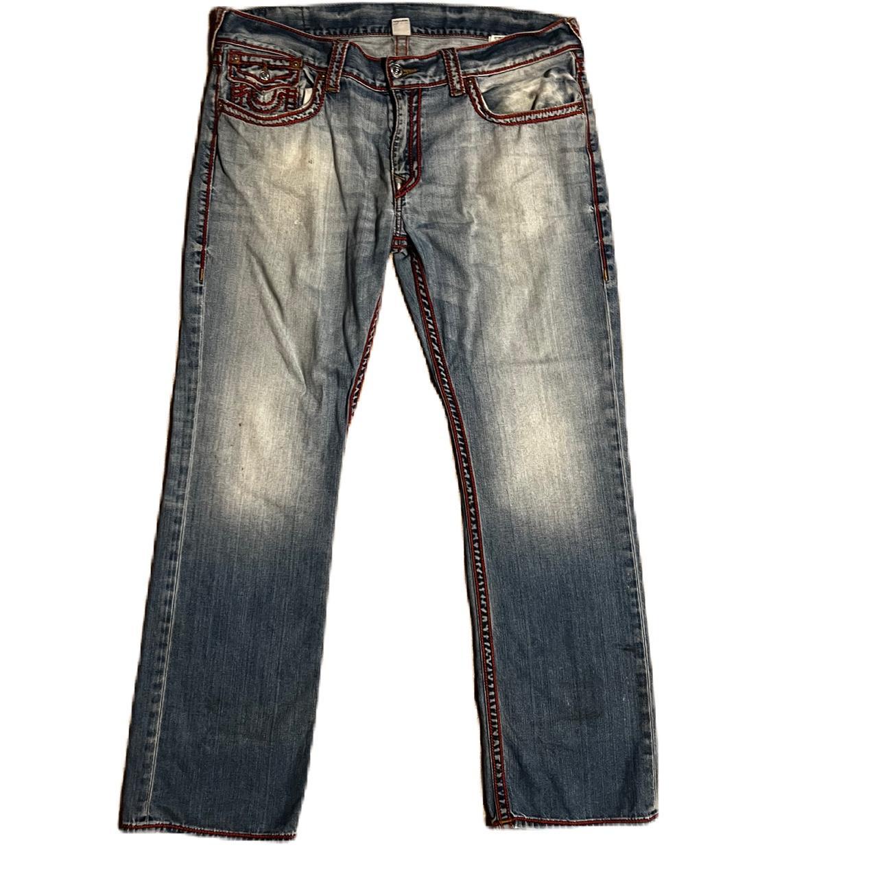 RED CHAIN STITCH TRUE RELIGION JEANS CRAZY BAGGY... - Depop