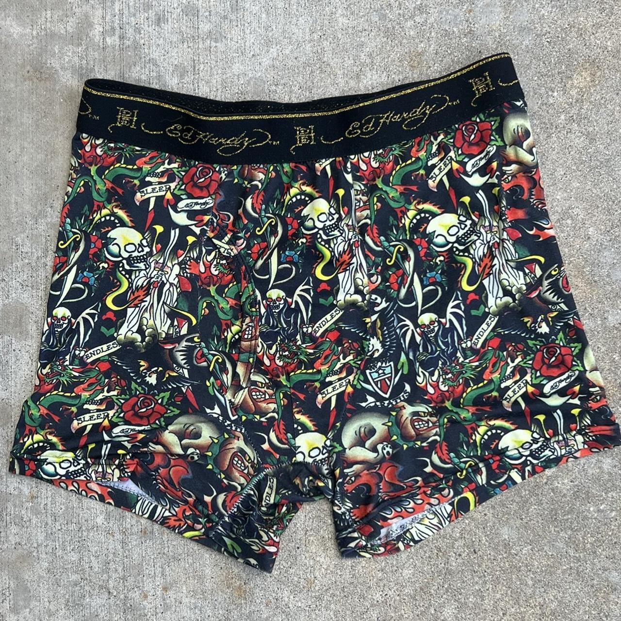 Comfy Ed hardy boxers, y2k traditional tattoo inspo... - Depop