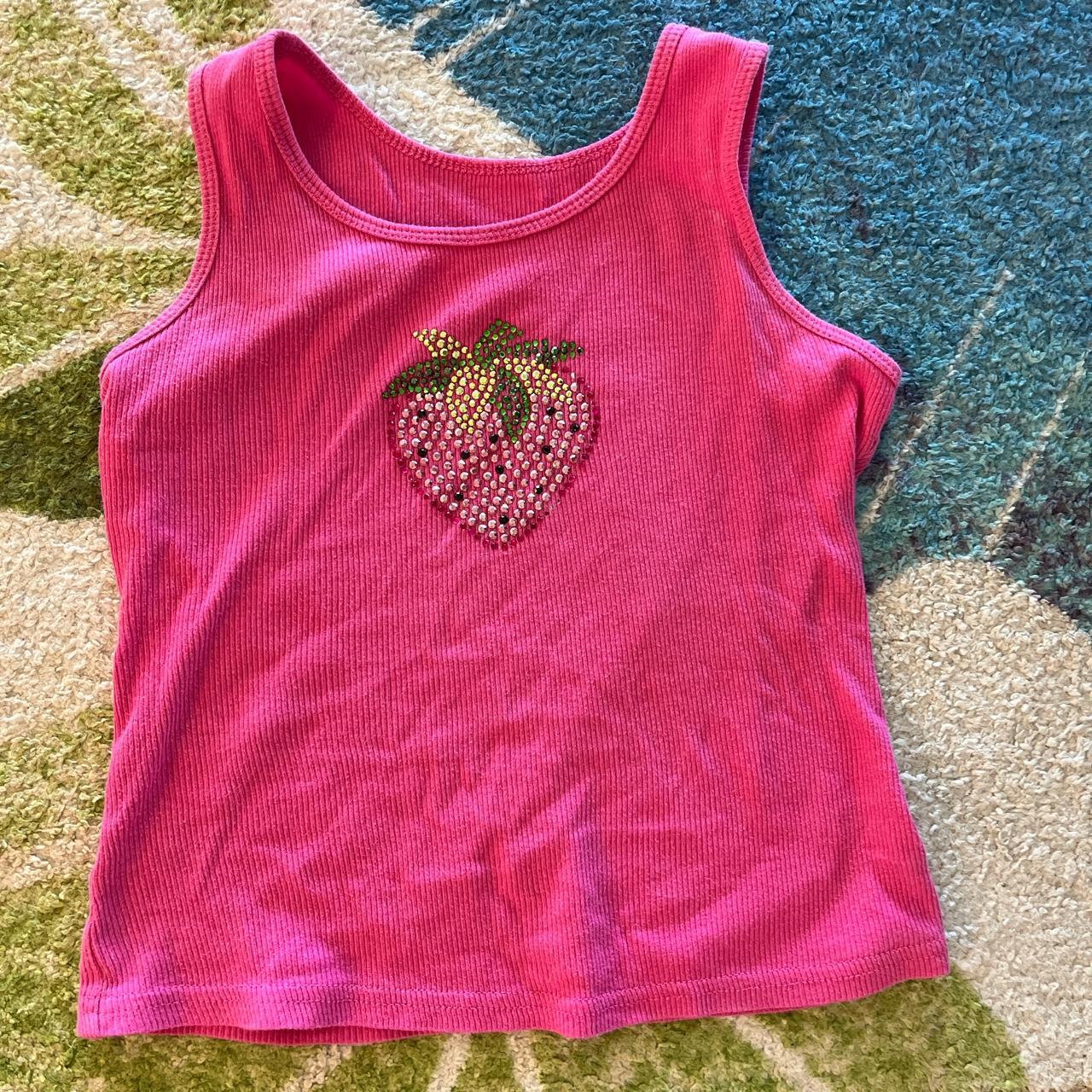 Small kids pink tank top. With strawberry gem design. - Depop