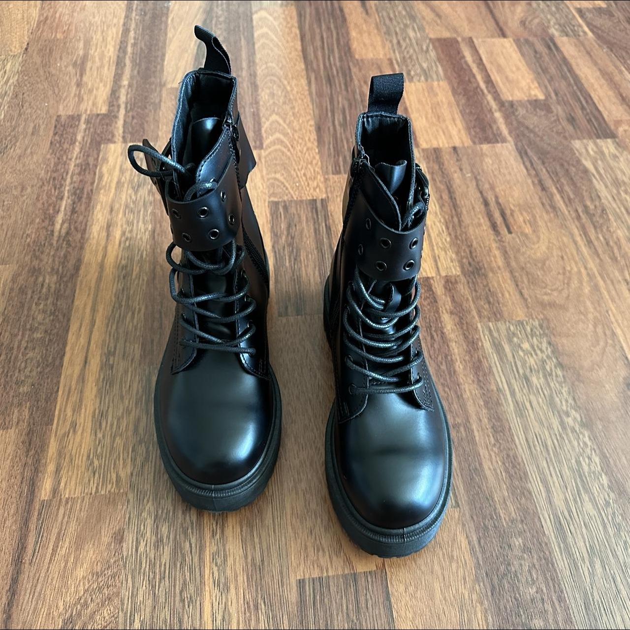 Black leather buckle lace up combat boots size 7.... - Depop
