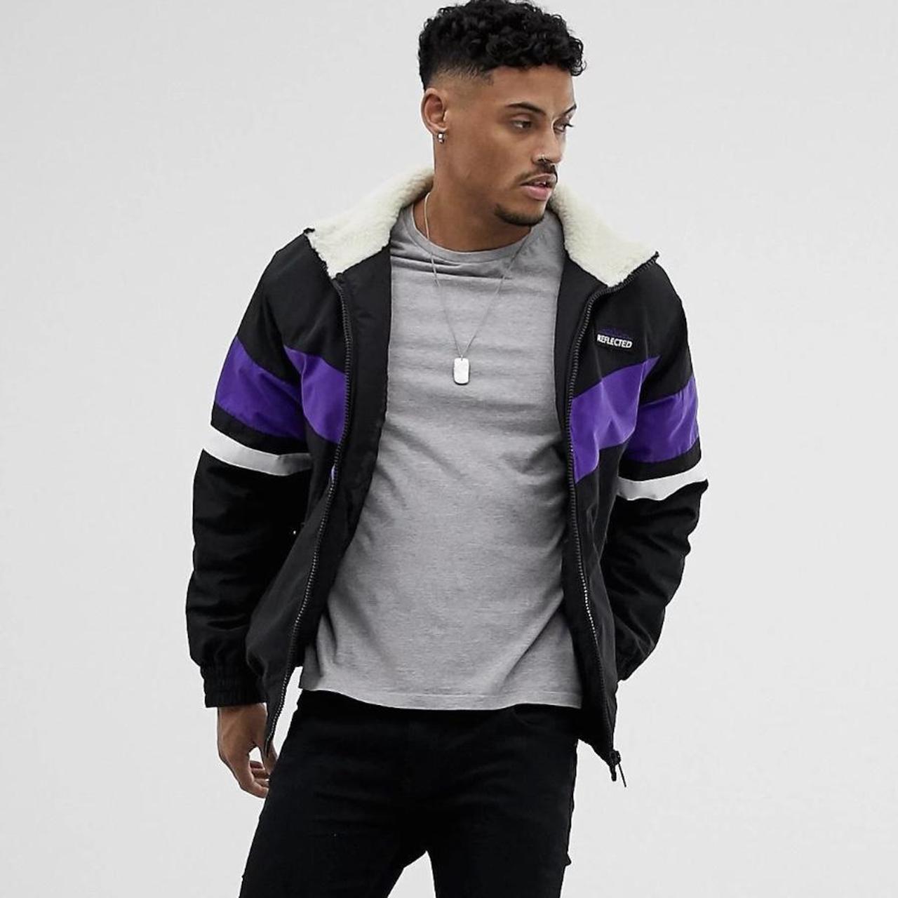 Bershka colour block jacket in black with borg... - Depop