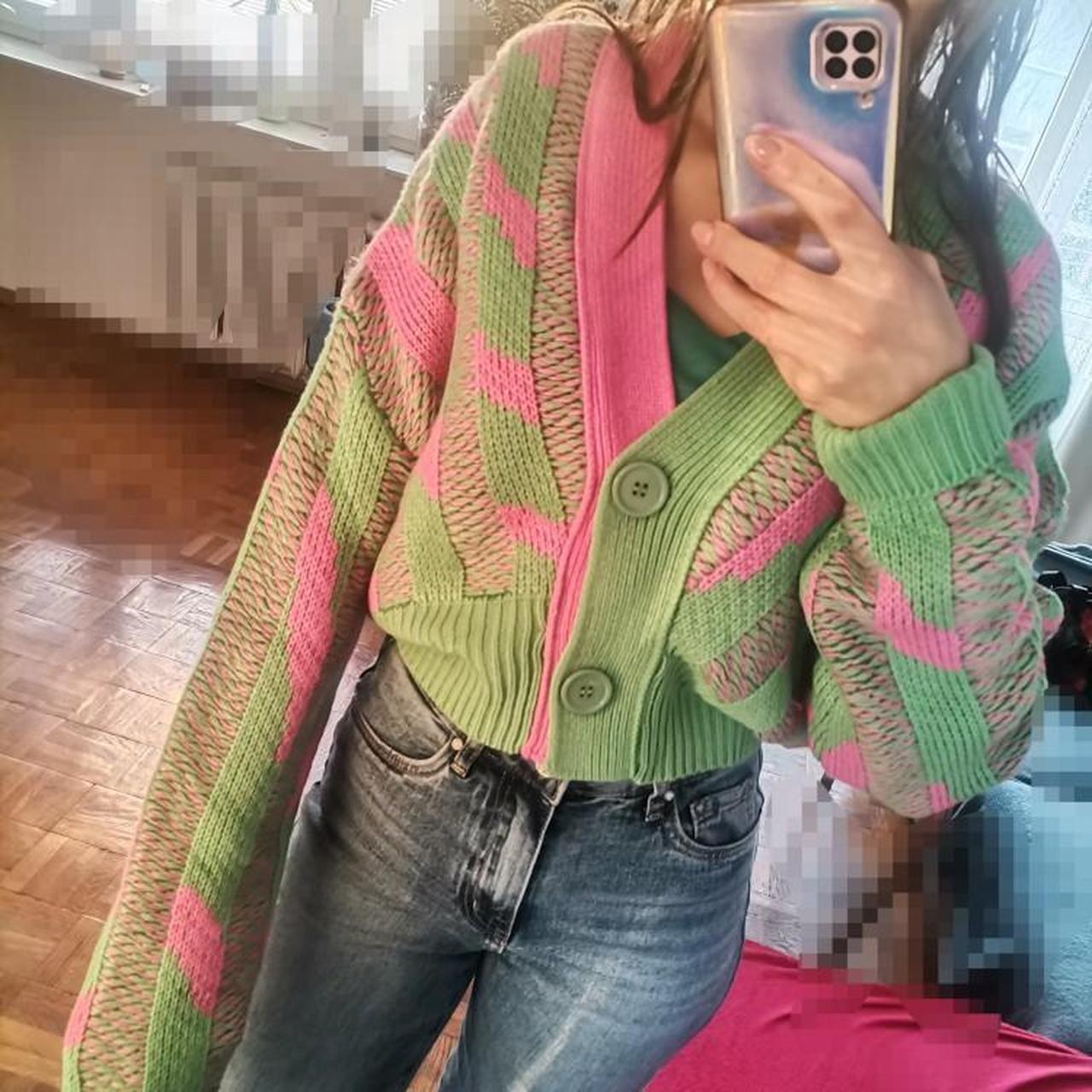 Women Color-Block Green Crop Cardigan High Street... - Depop