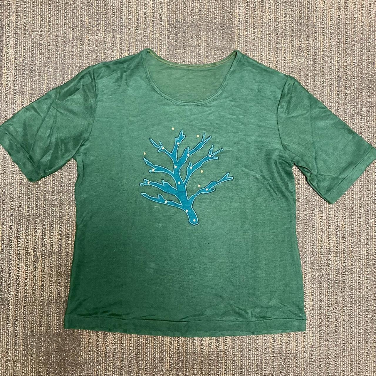 Green mesh short sleeved shirt with tree design... - Depop