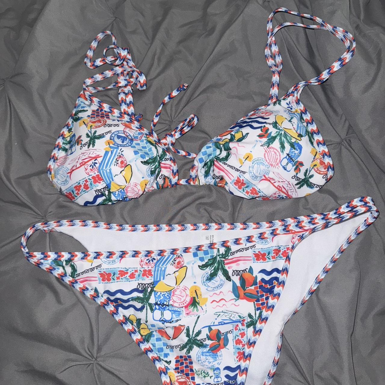 White and multi-coloured bikini set... | Depop