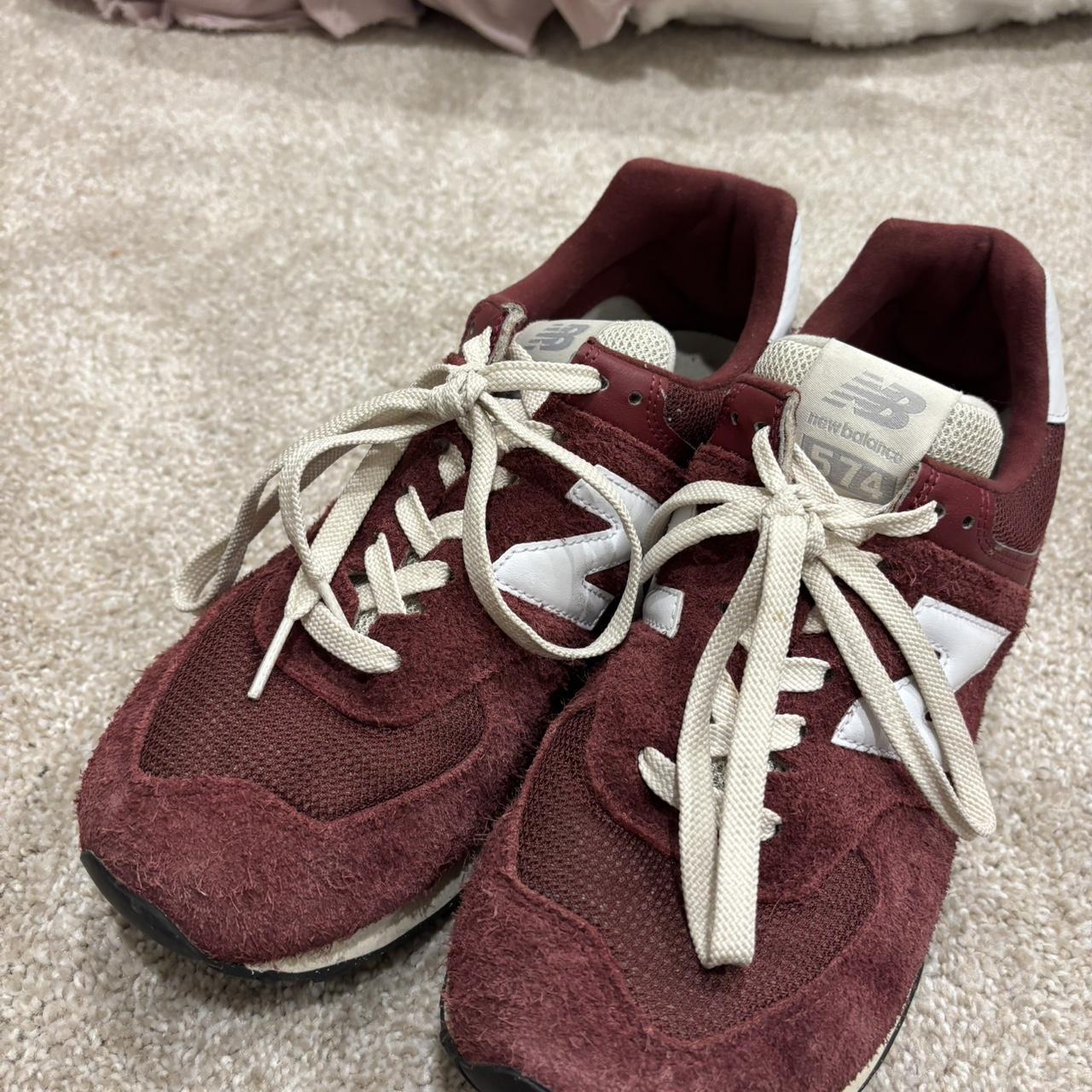 Burgundy/maroon and white New Balance 574... | Depop