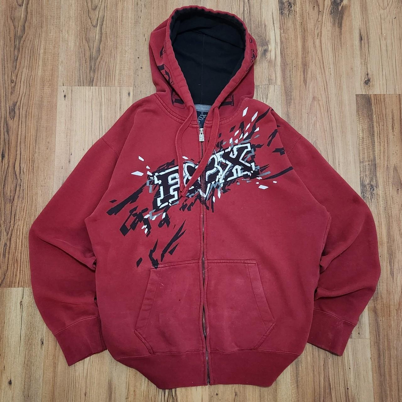 fox racing Red and black Y2K graphic zip up hoodie... | Depop