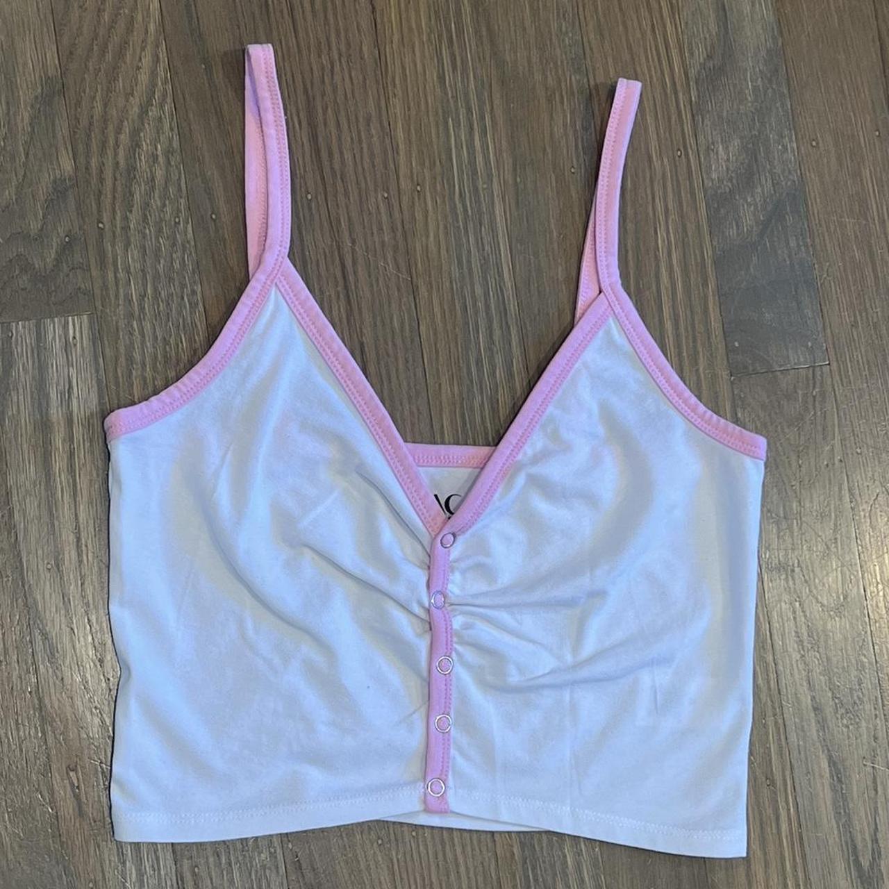 white button tank top with pink outline/details;... - Depop