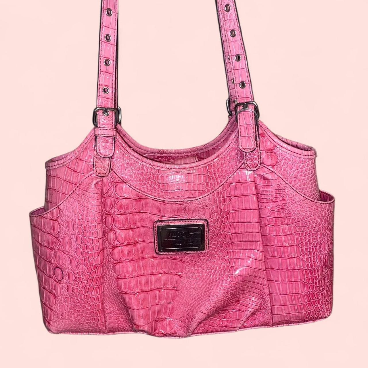 Pink faux crocodile leather shoulder bag with silver... | Depop