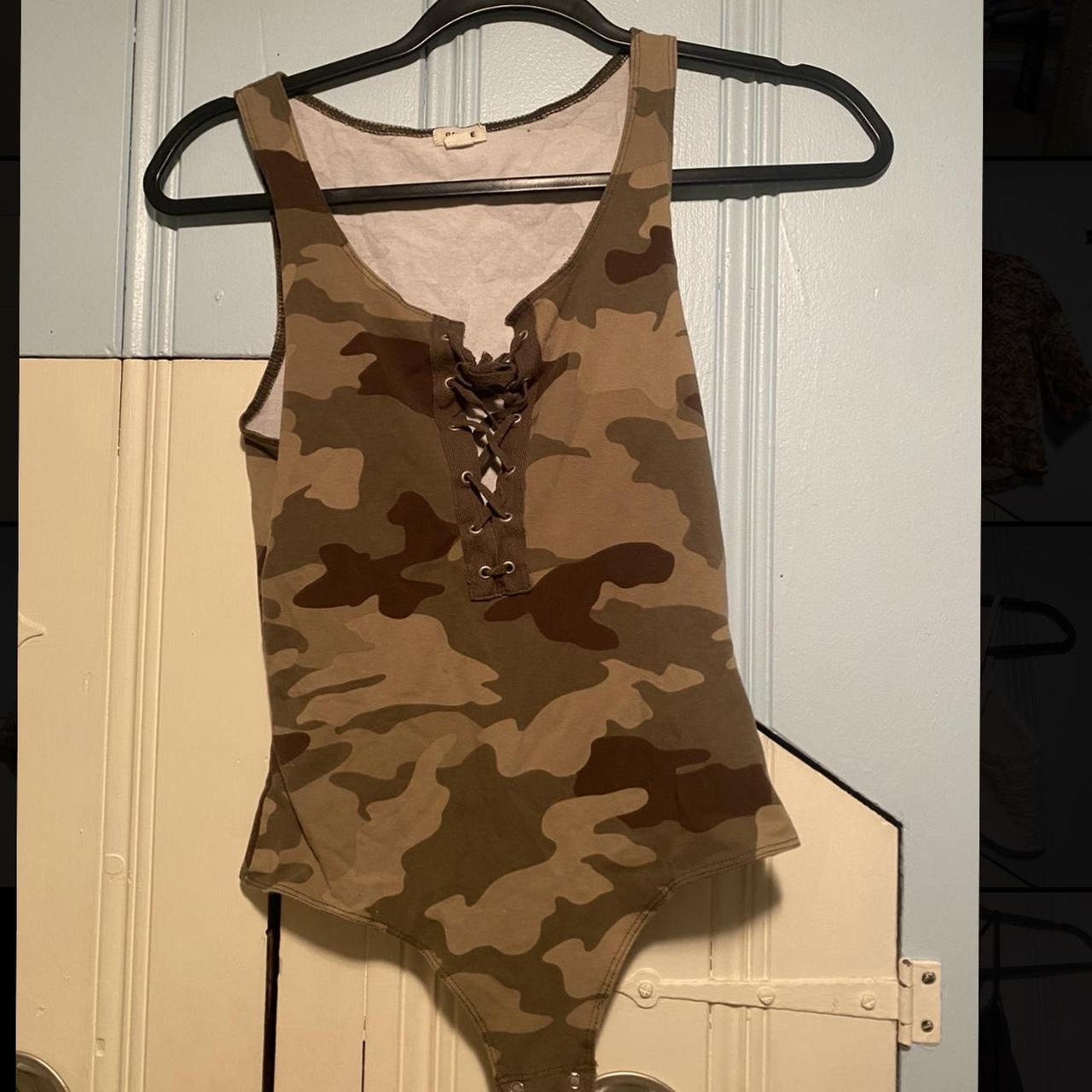 Camo body suit, strings in the front to show more or... - Depop