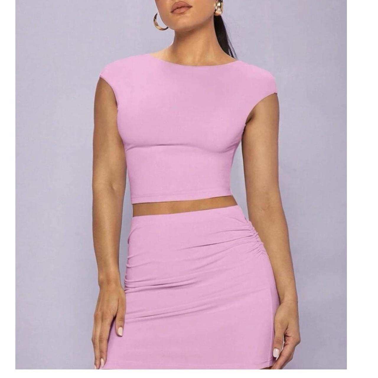 Pink Matching Set Solid Crop Top with Open Back and... - Depop