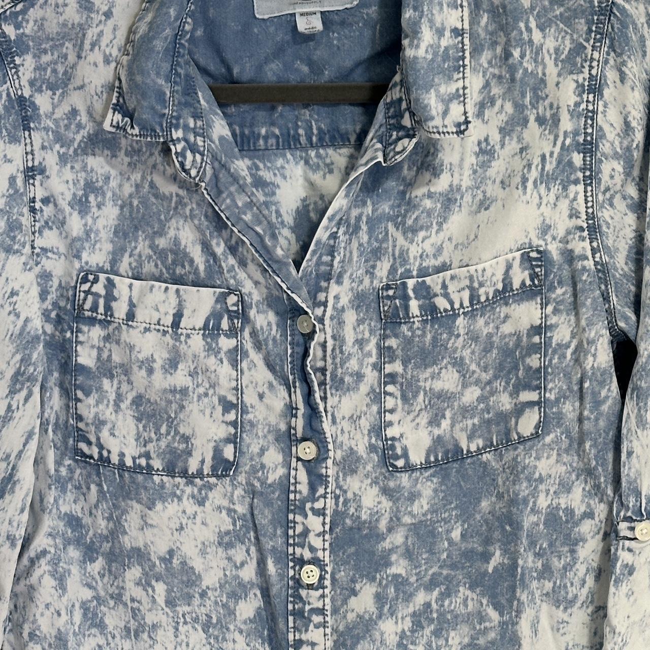 Medium acid washed blue and white button down long... - Depop