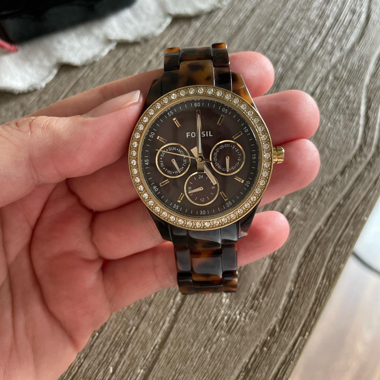 Brown tortoise shell Fossil watch with diamonds... - Depop