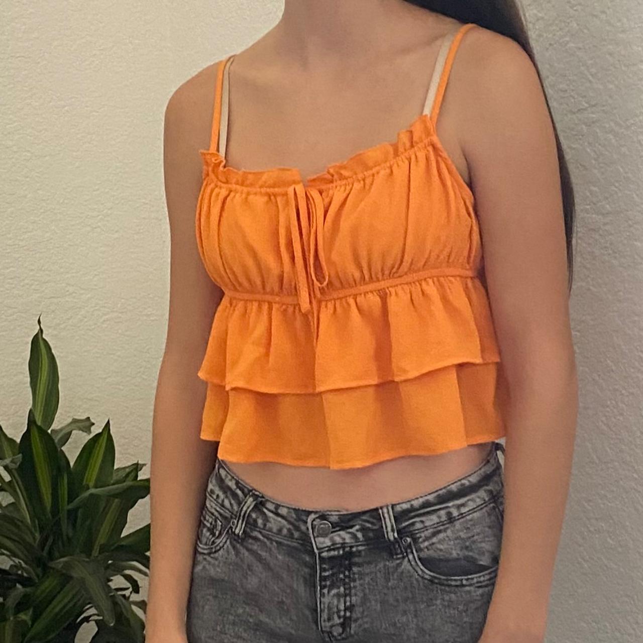 L Neon orange ruffled tank top. Wild fable - Depop