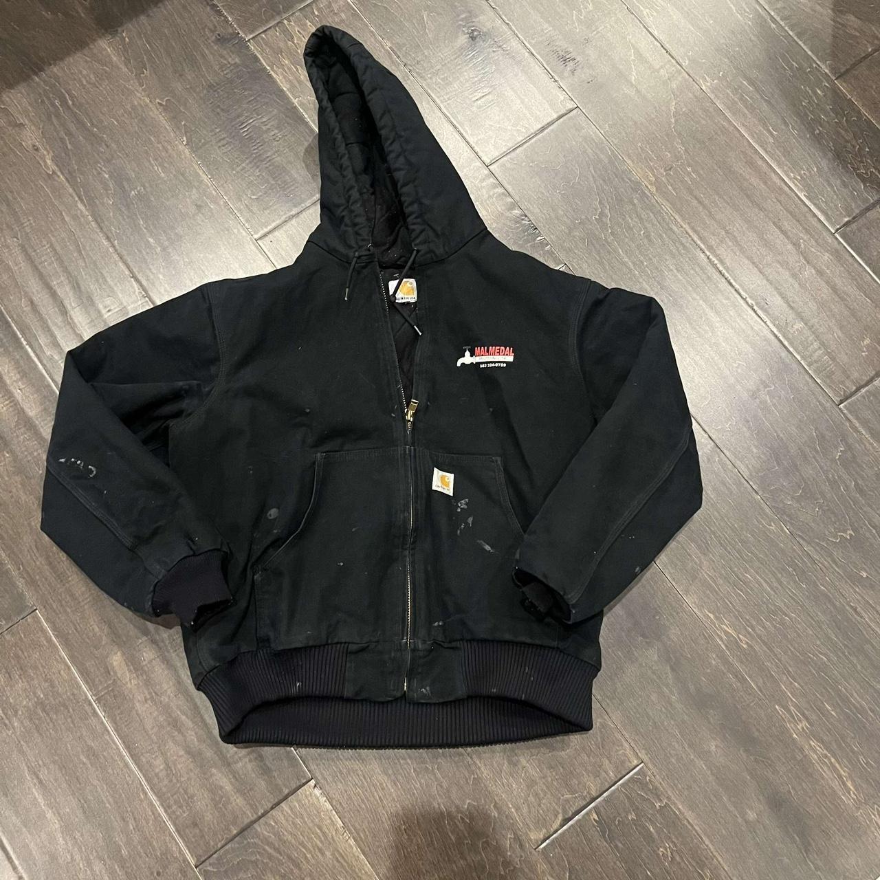 L black carhartt hooded jacket with work logo Good... - Depop