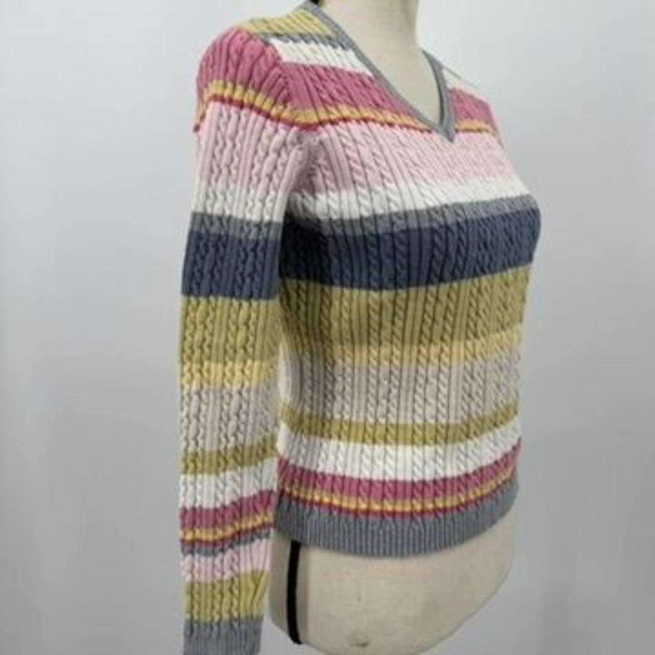 valerie stevens striped v-neck cable knit sweater -... - Depop