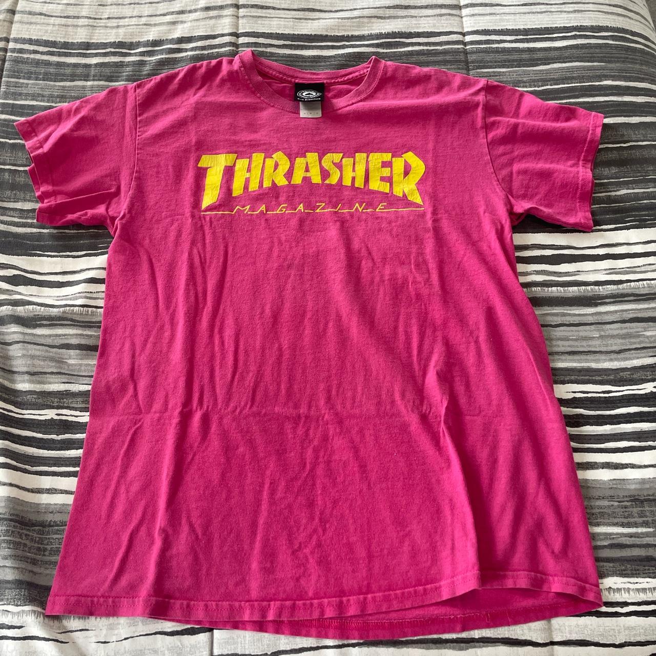 Pink and Yellow Thrasher Tee Minor Tears - Depop