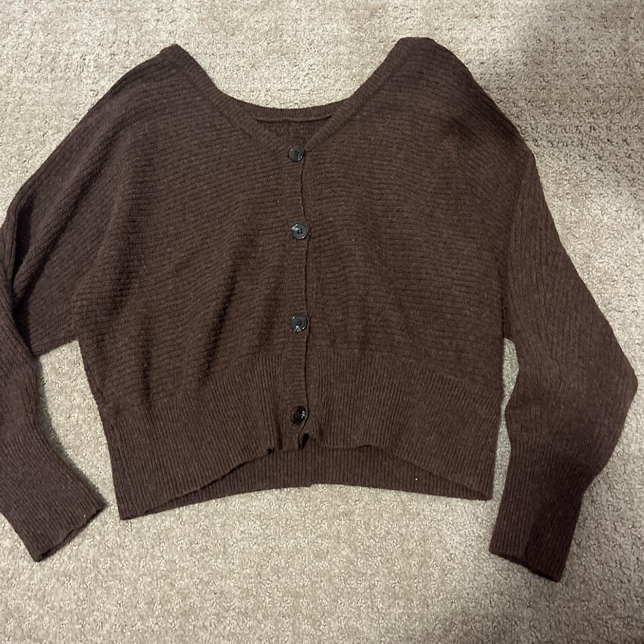 medium brown oversized knit button up sweater - Depop