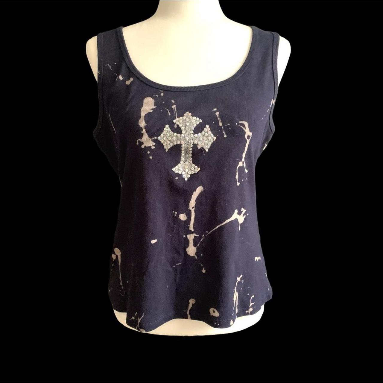 Dark Blue Tank top with cross. No size on the tag... - Depop