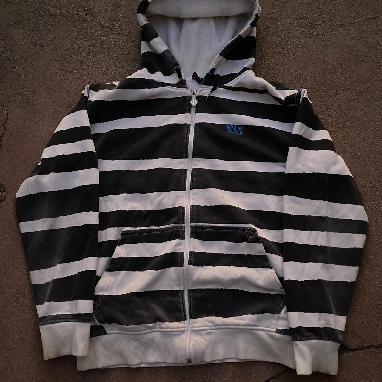 Black & white striped volcom zip-up hoodie... | Depop