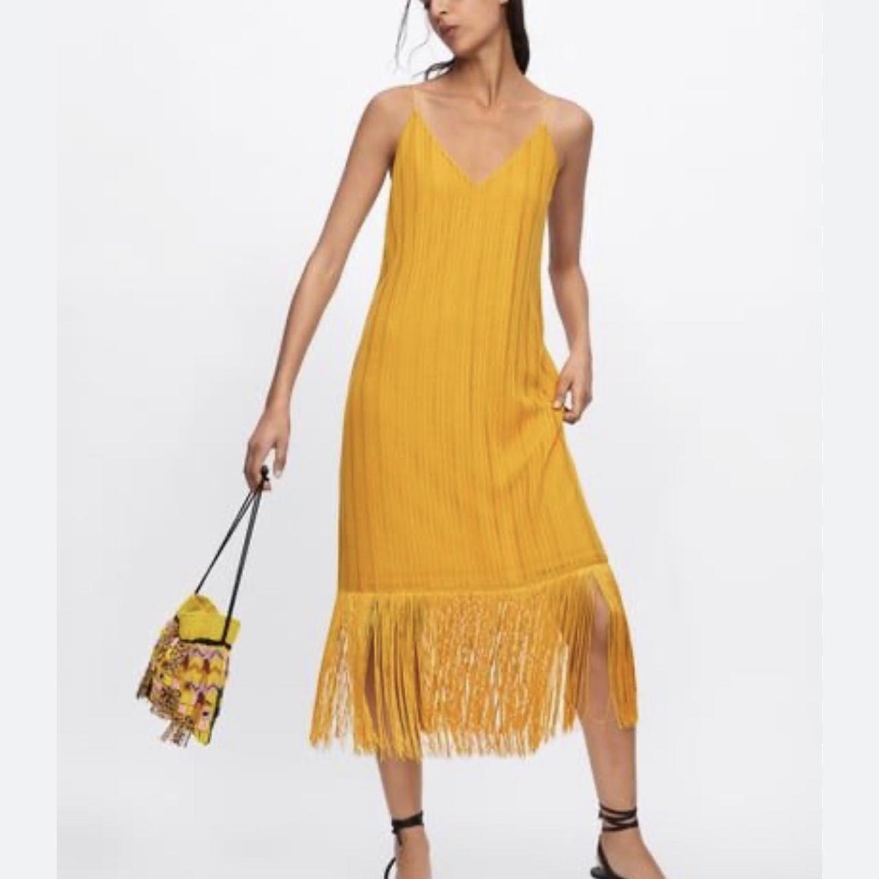 Zara Marigold yellow fringe hem slip dress size... - Depop