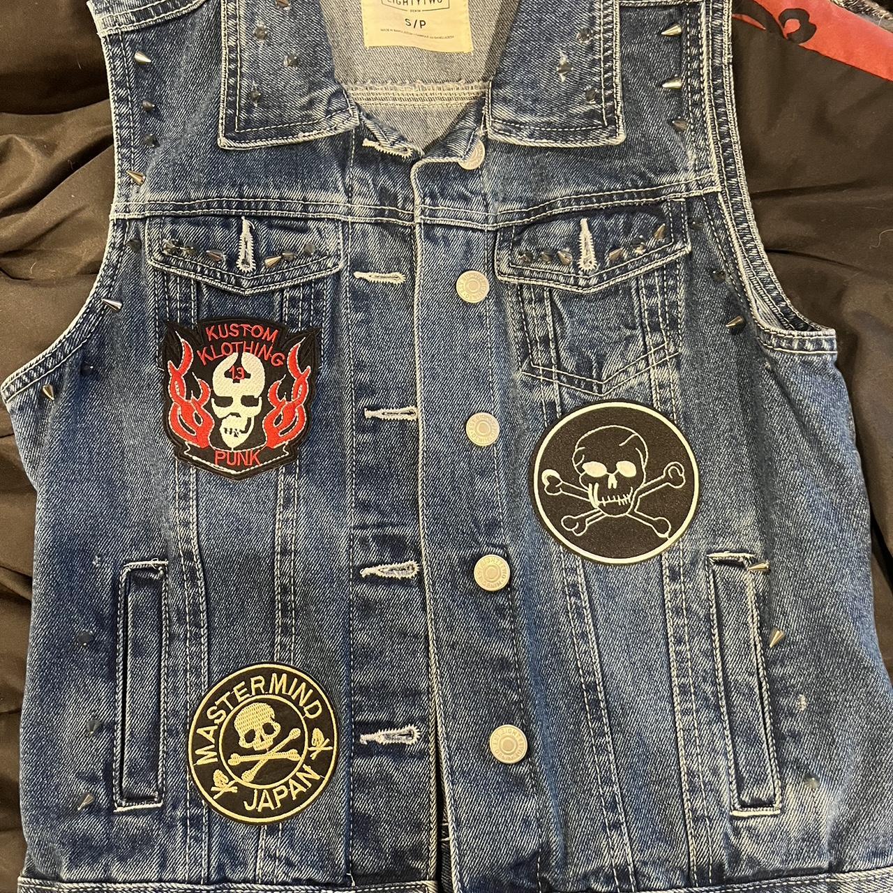 Metal blue denim vest with patches and spikes... - Depop