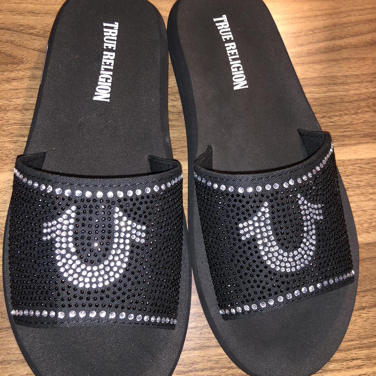 True Religion rhinestone black slides sandals Size... - Depop