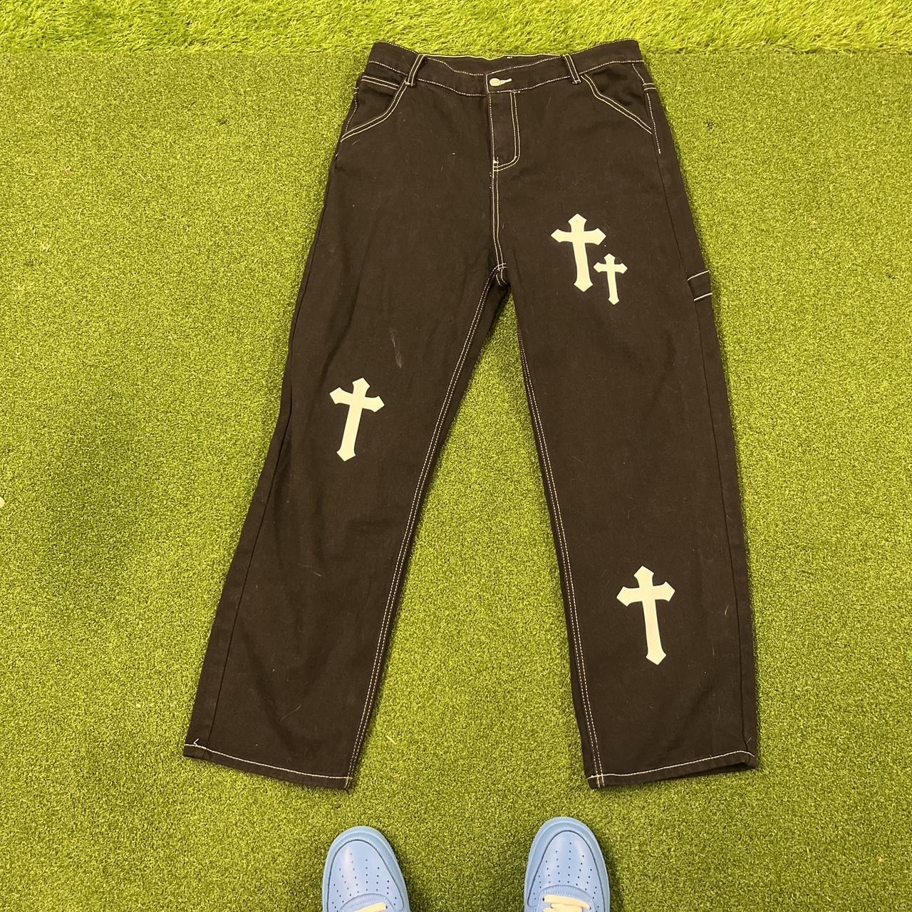 black printed on cross pants found thrifting not... - Depop