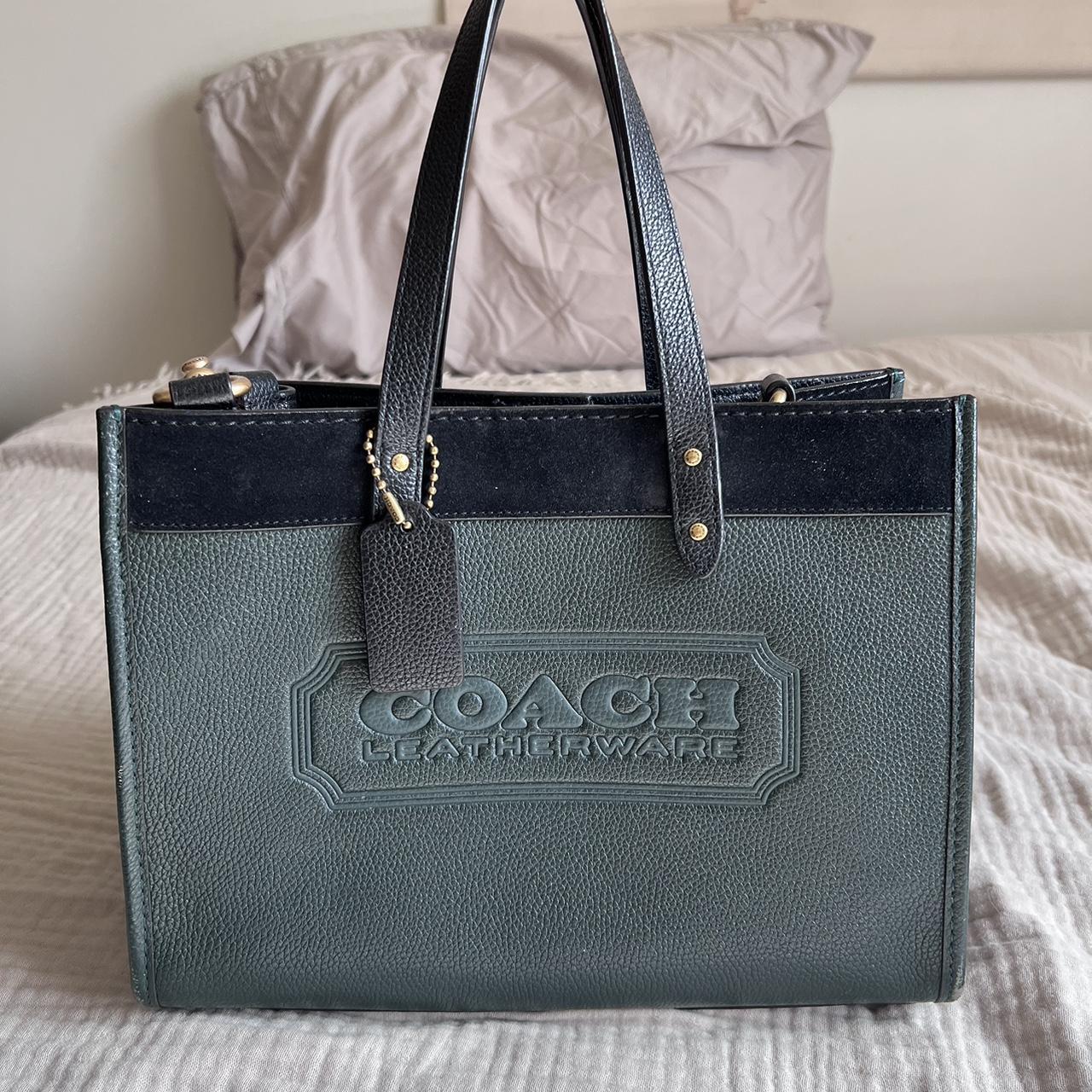 coach forest green/black leather tote bag with... - Depop