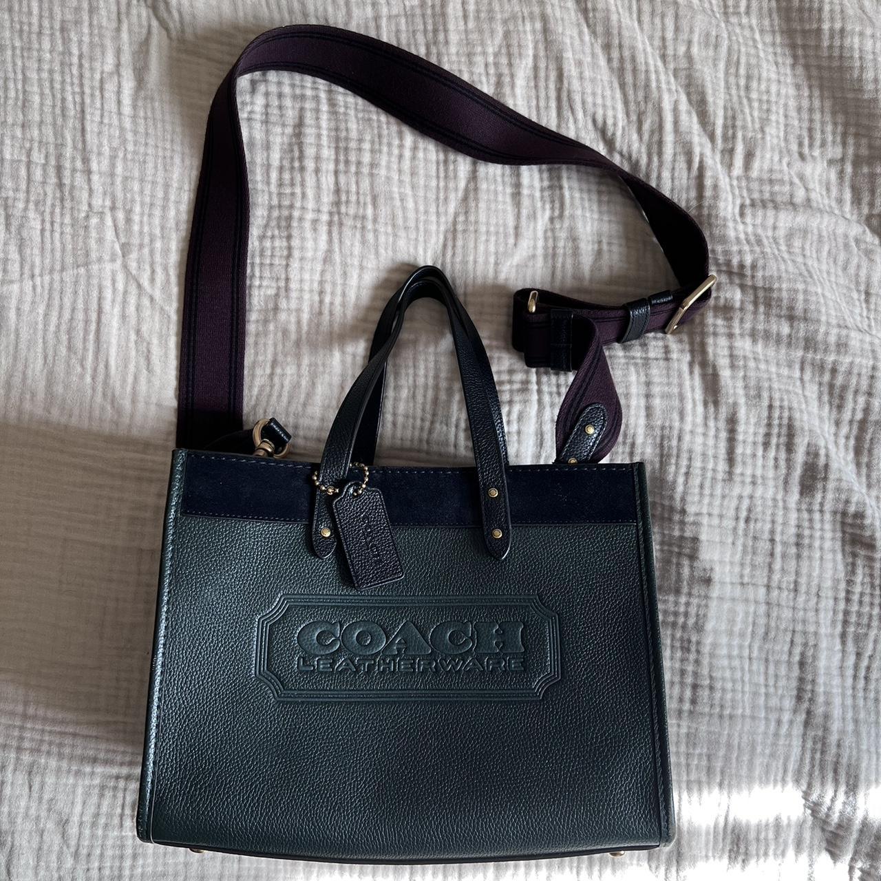coach forest green/black leather tote bag with... - Depop